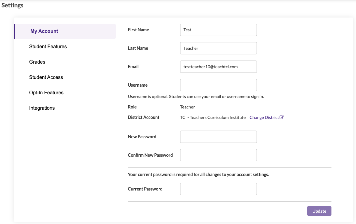 Teacher Account Settings