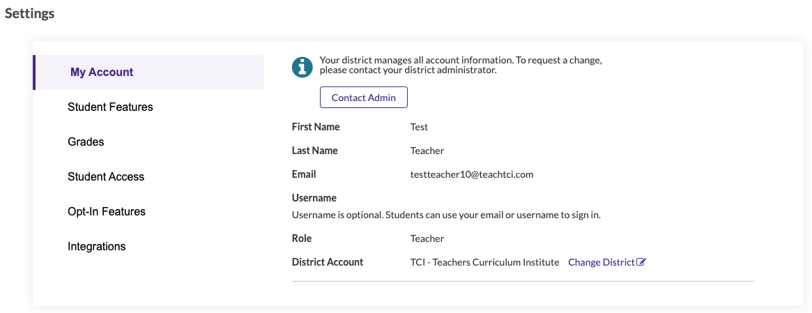 Teacher Account Settings