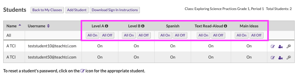 Student and Class Settings