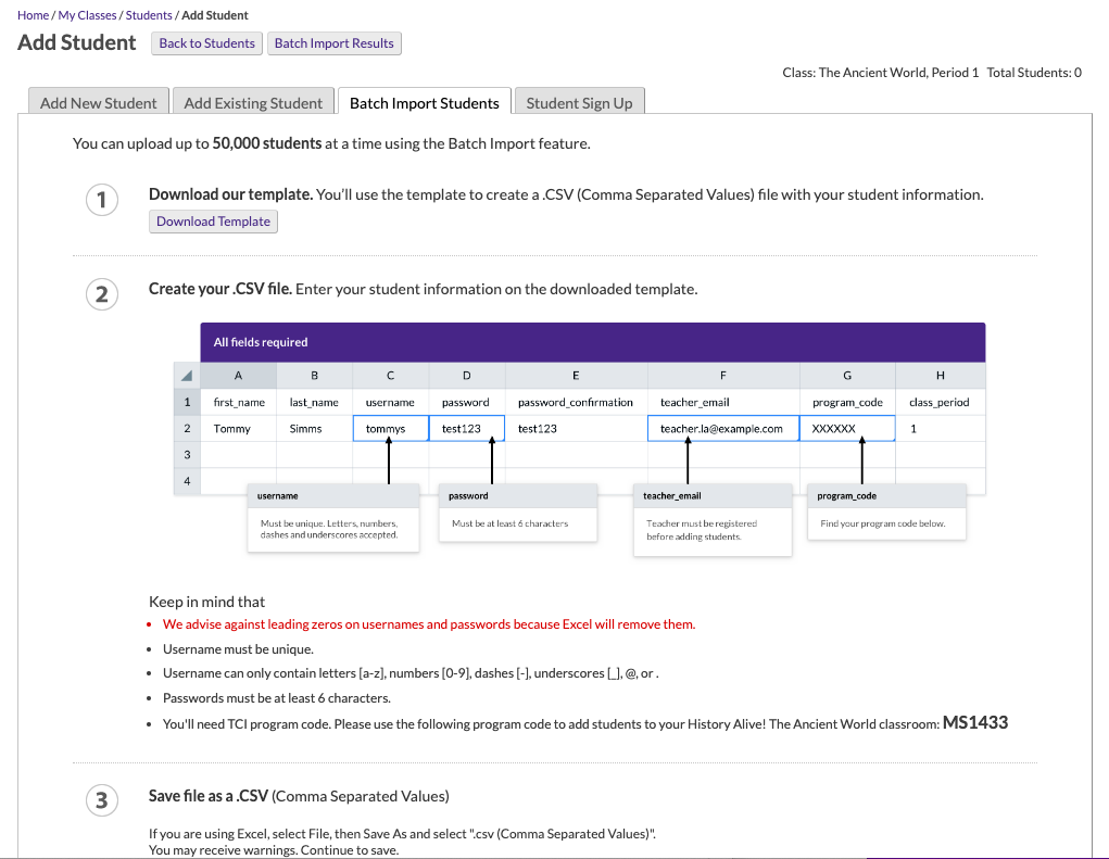 Add Students Through a Batch Import