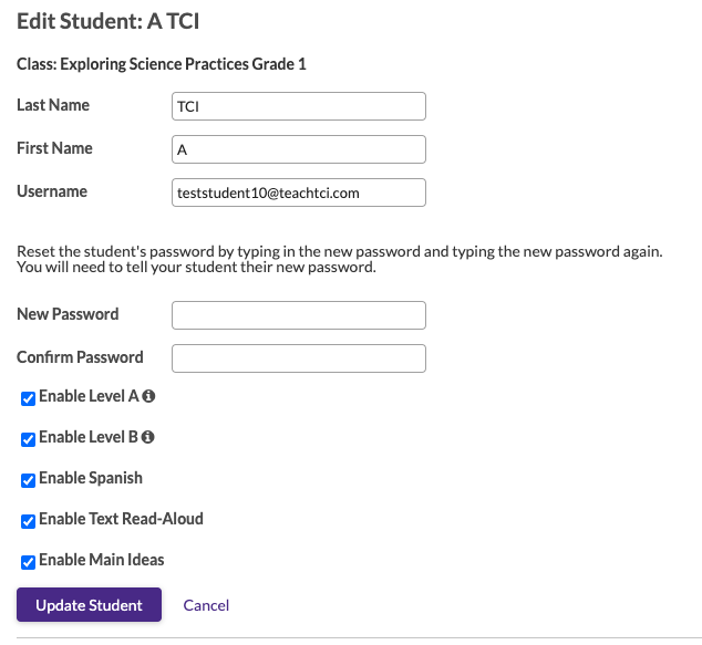 Student and Class Settings