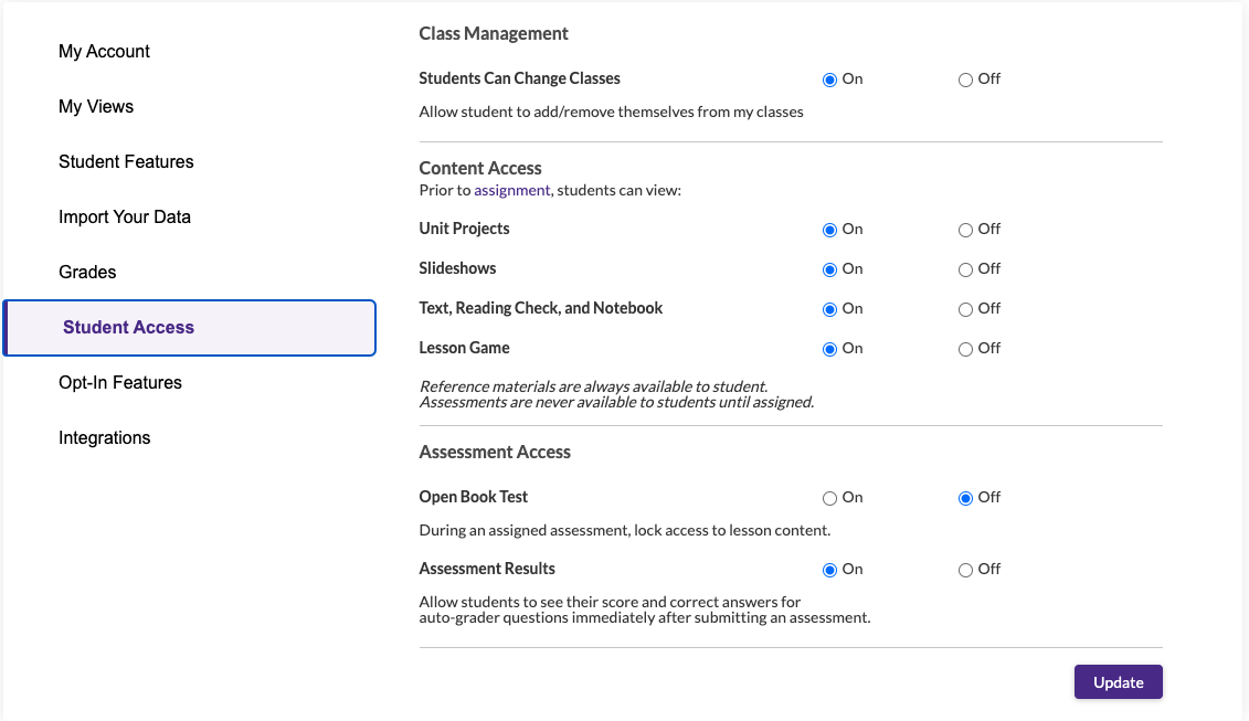 Teacher Account Settings