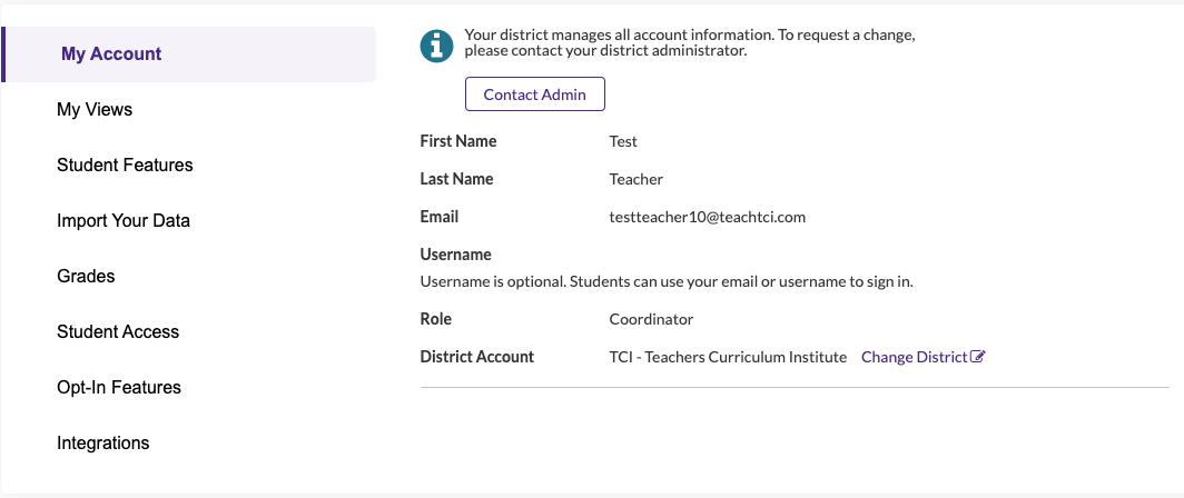 Teacher Account Settings