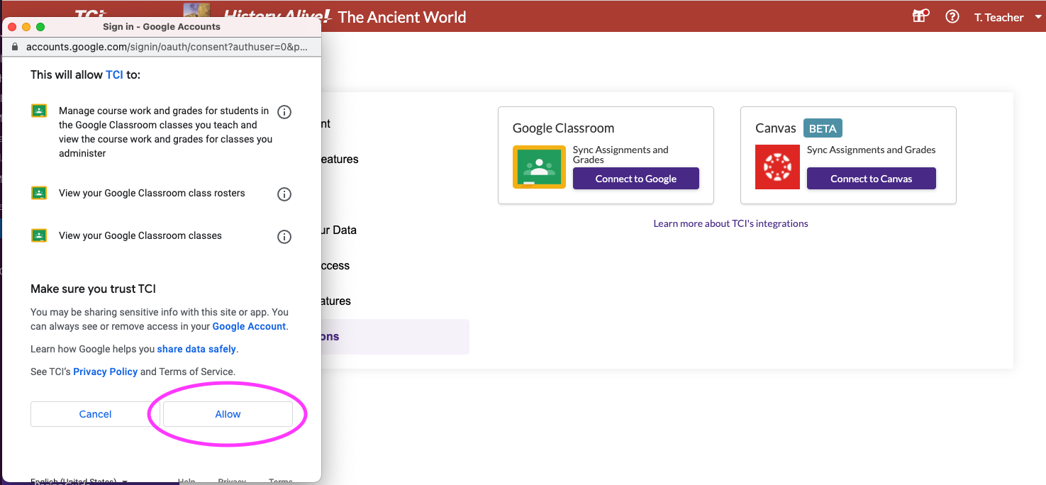 Set up and Use TCI's Google Classroom Integration