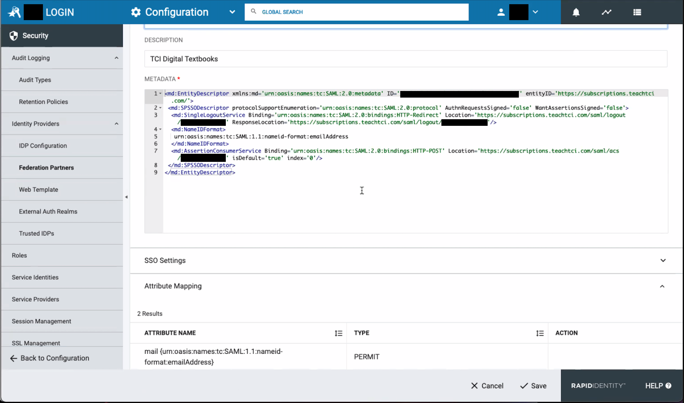 Set up RapidIdentity SAML SSO with TCI