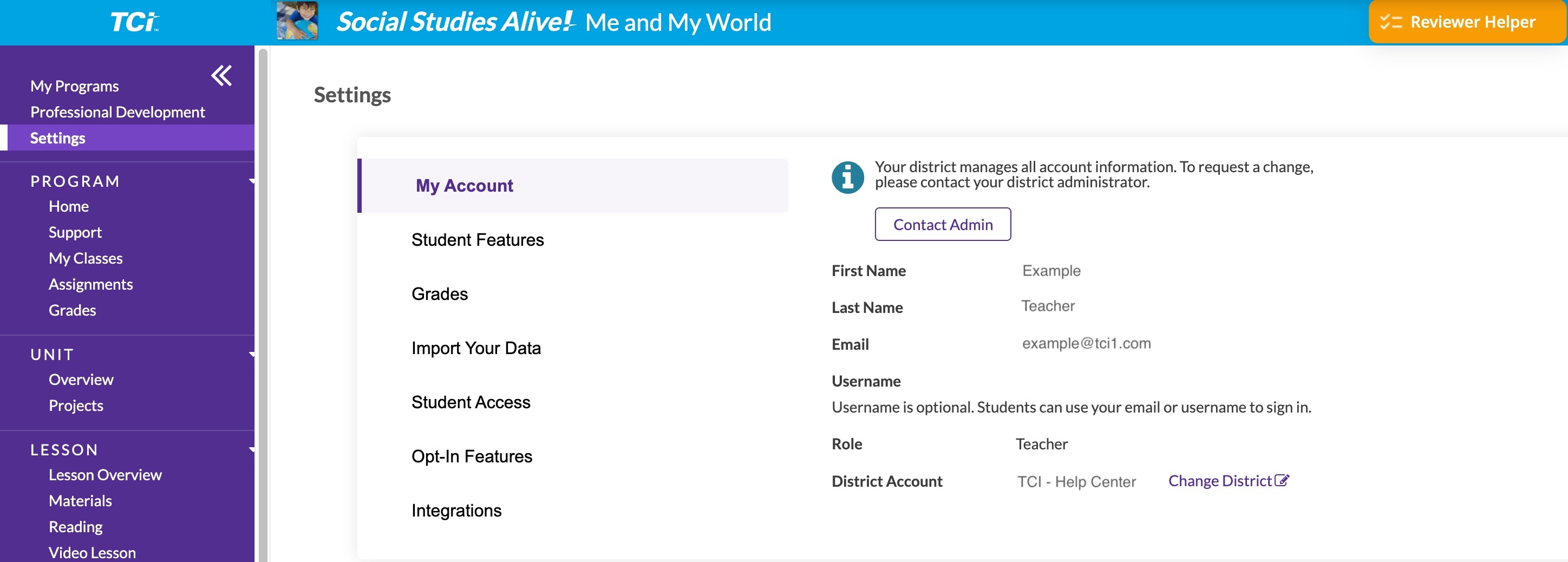 Teacher Account Settings