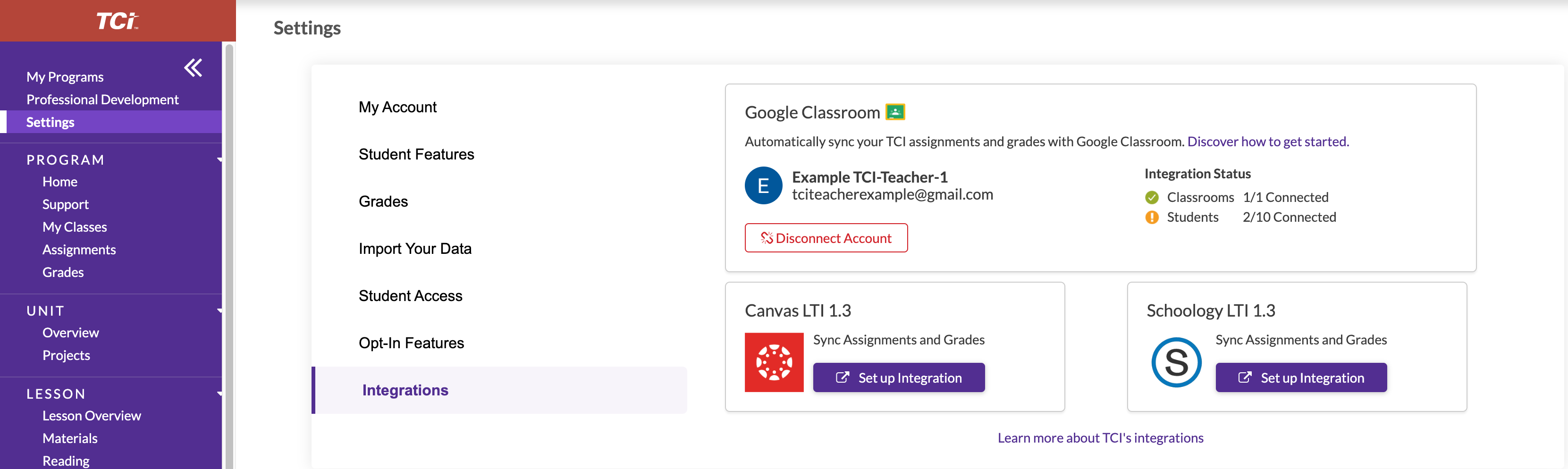 Teacher Account Settings
