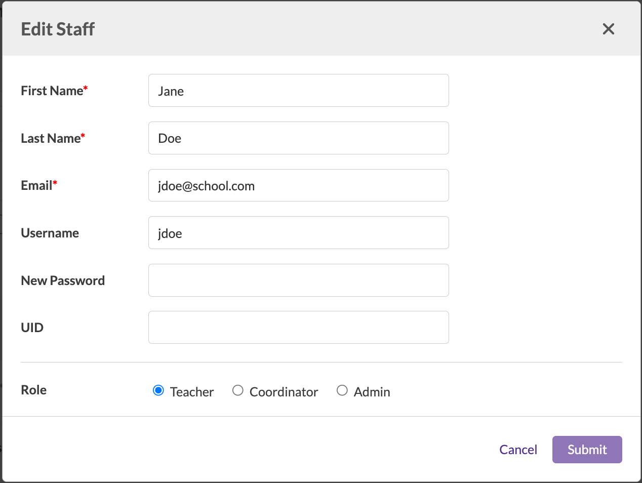 Edit a Staff or Student Account (Admin)